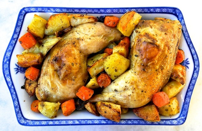 Greek Style Roasted Lemon and Garlic Chicken with Potatoes and Carrots